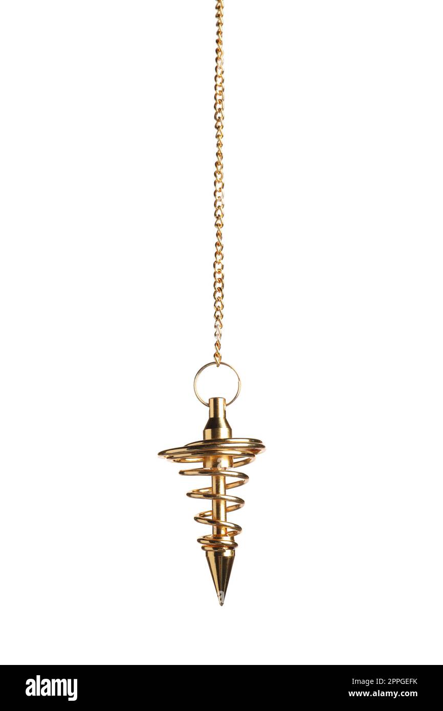 Beautiful golden pendulum with chain isolated on white. Hypnosis ...