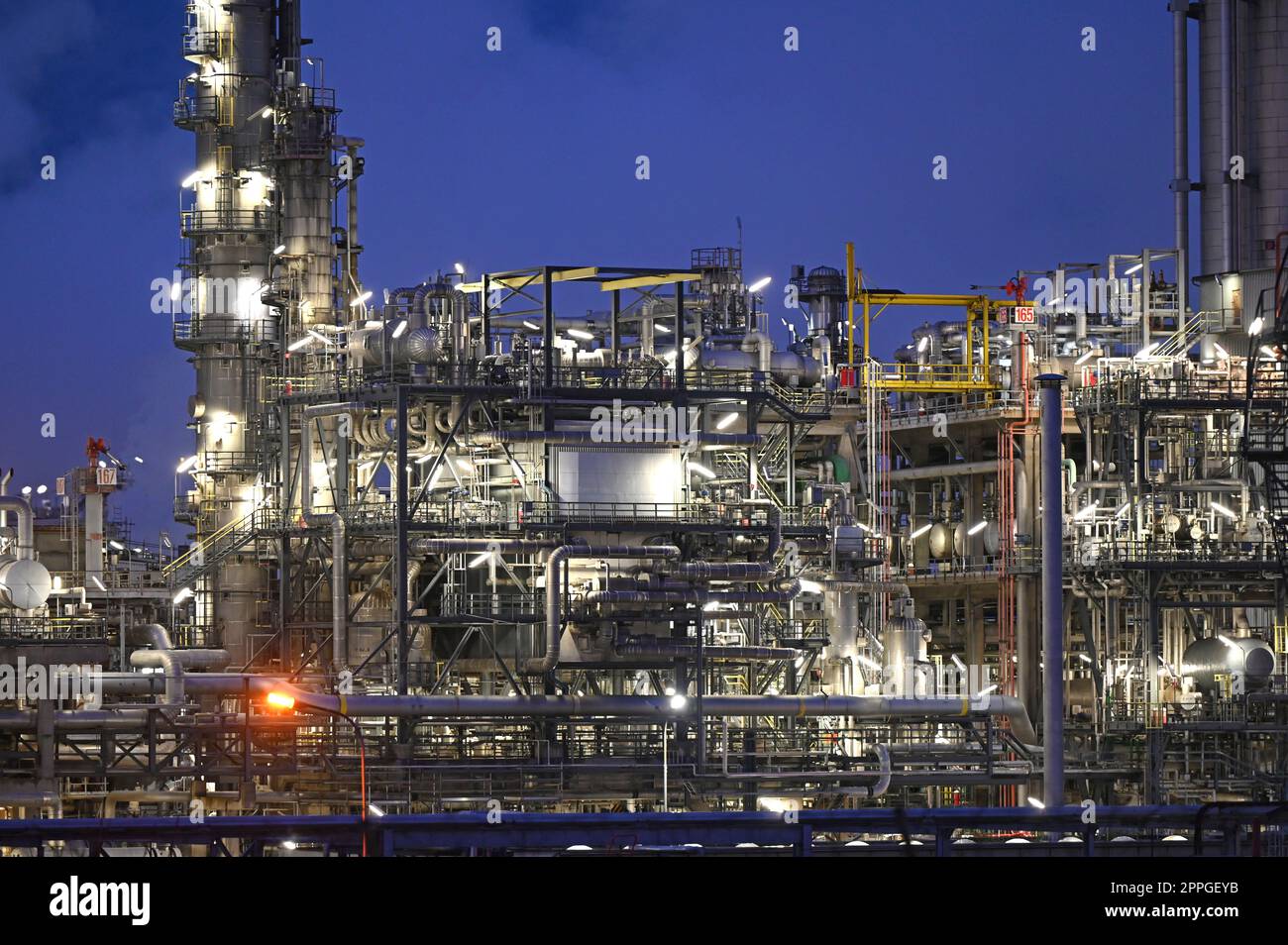Illuminated OMV refinery in Schwechat, Lower Austria, at night Stock ...