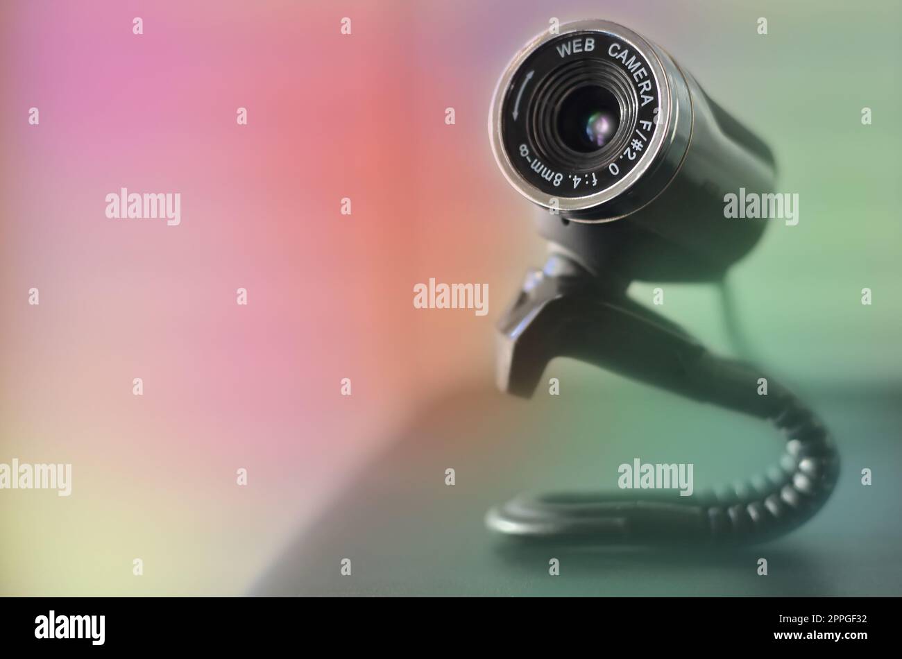 Wired web camera lying on the computer surface. Close up view Stock ...