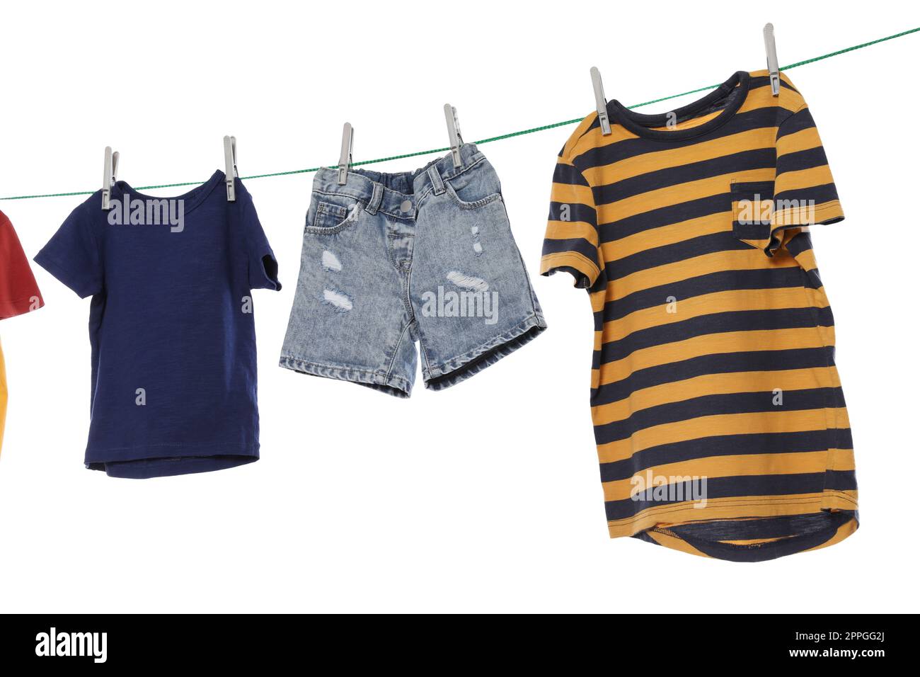 Different clothes drying on washing line against white background Stock ...