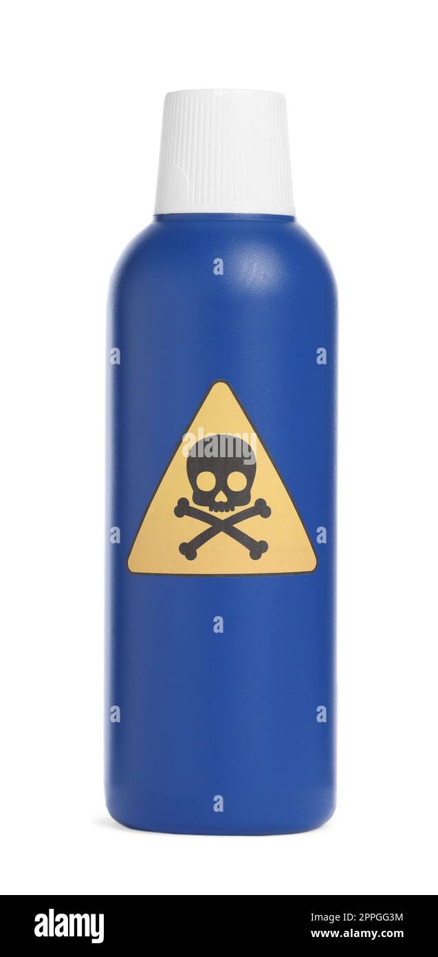 Bottle of toxic household chemical with warning sign isolated on white ...