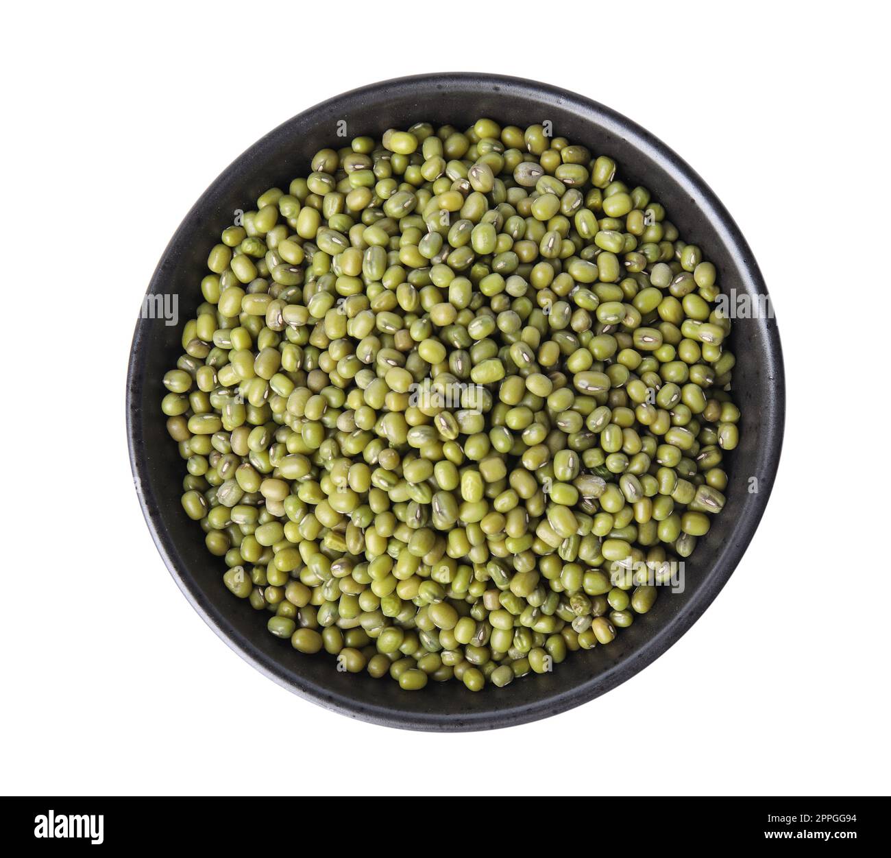 Bowl with green mung beans isolated on white, top view. Organic grains ...