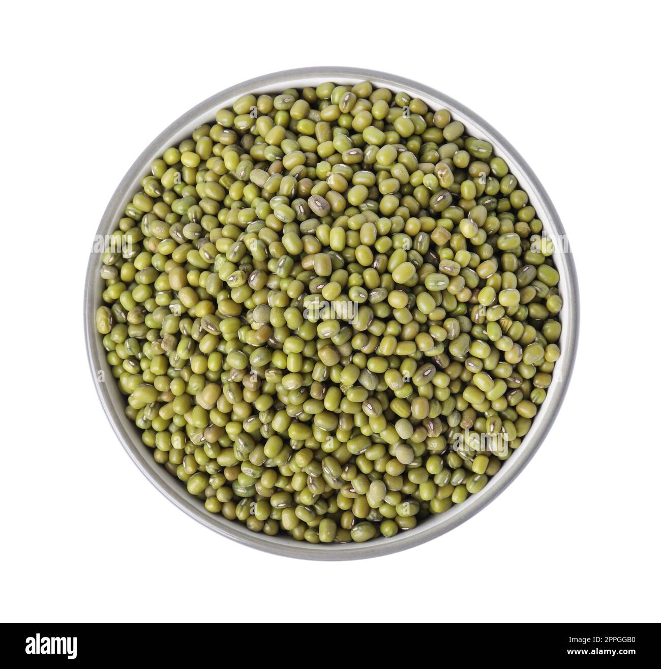 Bowl with green mung beans isolated on white, top view. Organic grains ...