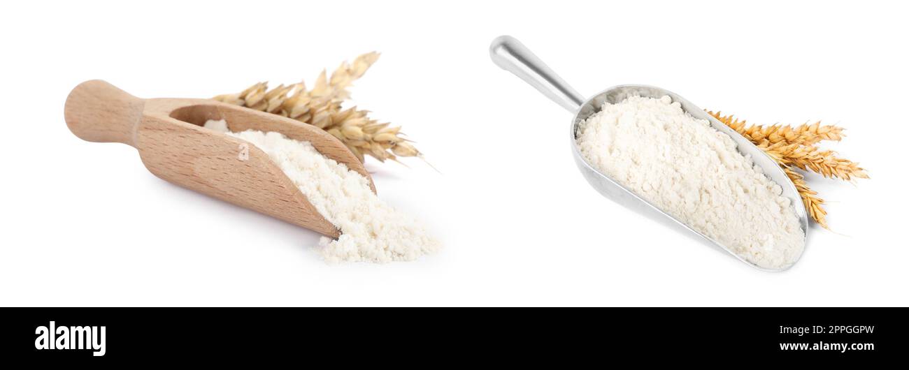 Scoops with wheat flour on white background, collage. Banner design ...