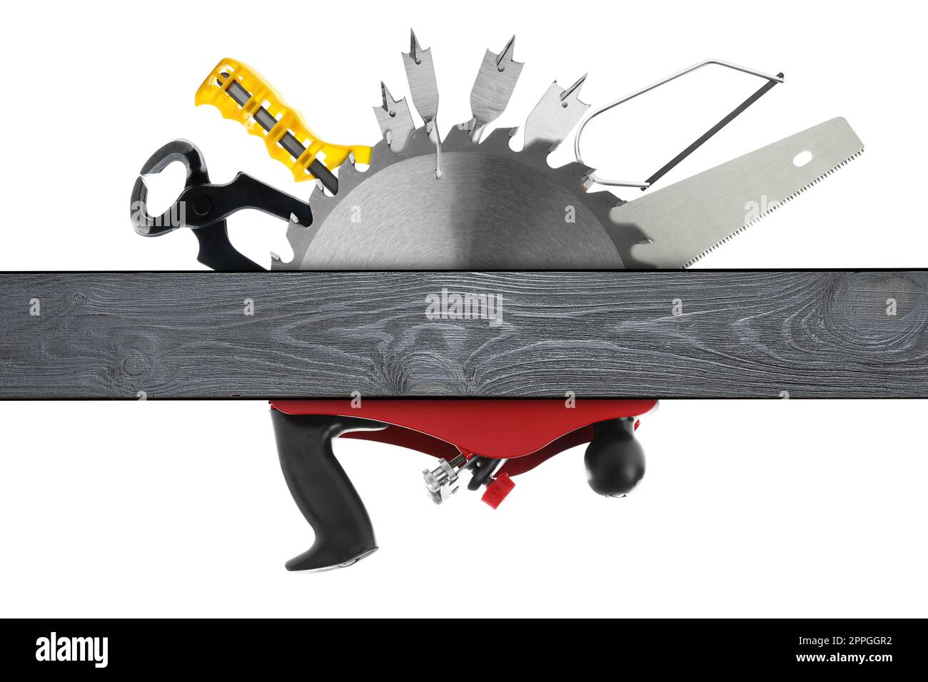 Carpentry tools and wooden surface on white background, collage Stock ...