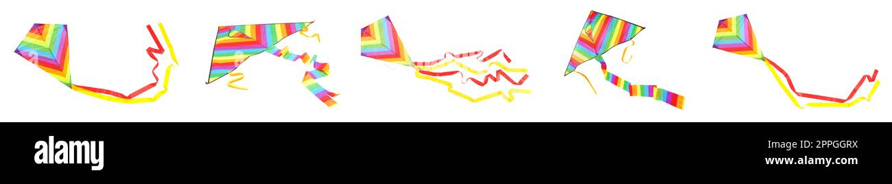 Set with beautiful bright kites on white background. Banner design ...