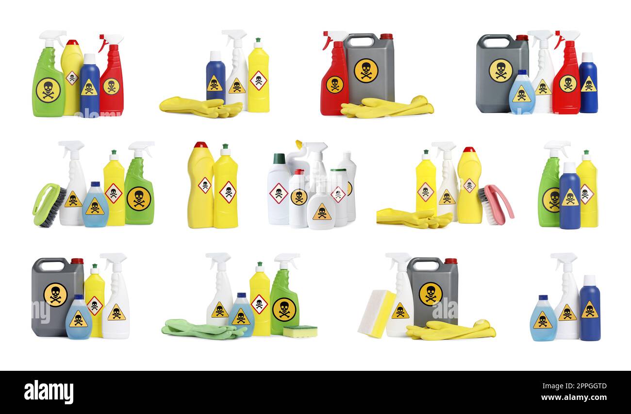 Set with different toxic household chemicals with warning signs on ...