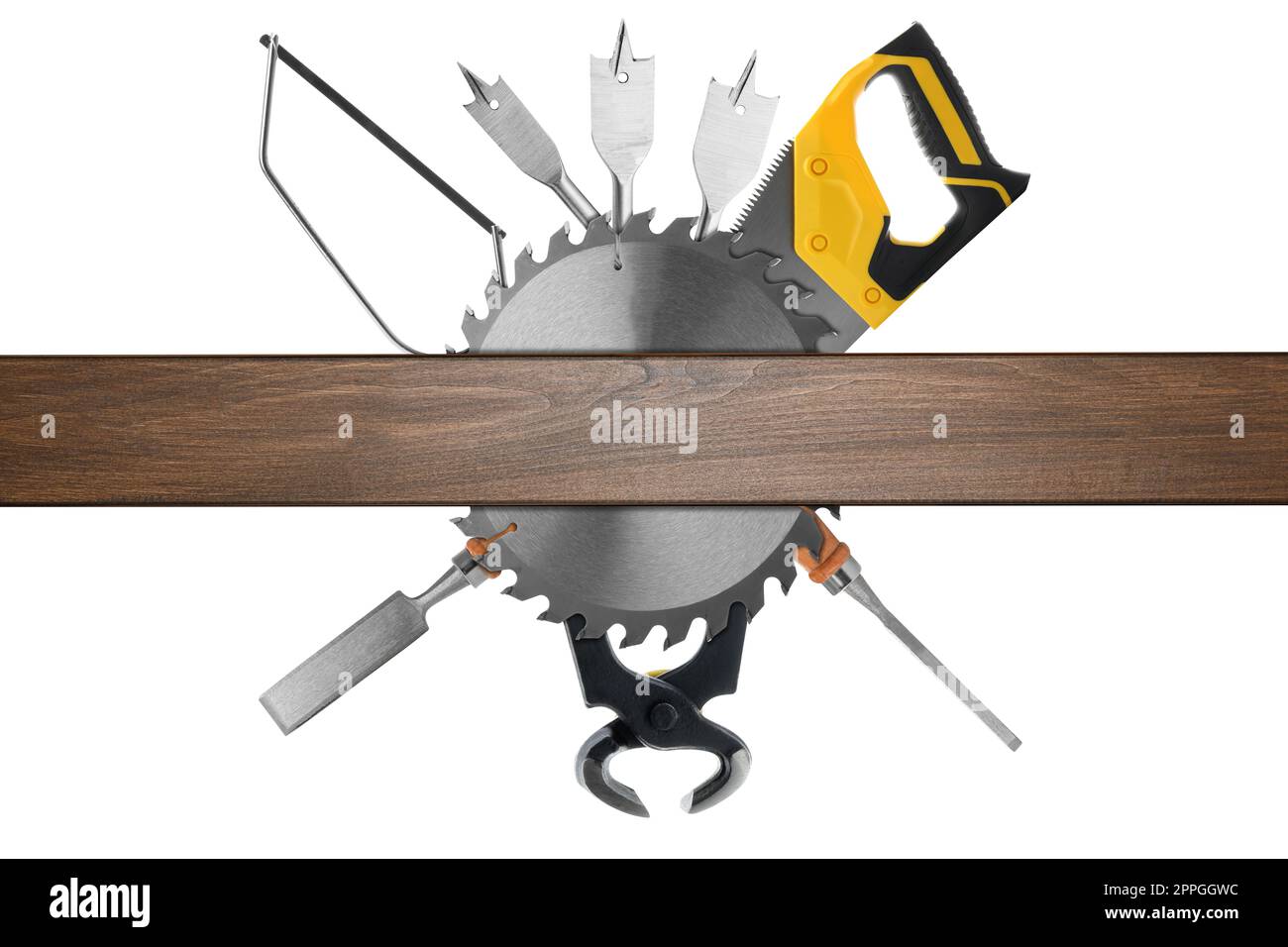 Carpentry tools and wooden surface on white background, collage Stock ...