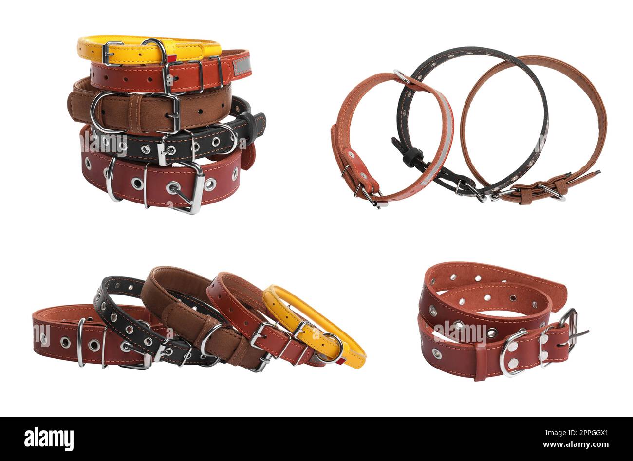 Set with different leather dog collars on white background Stock Photo ...