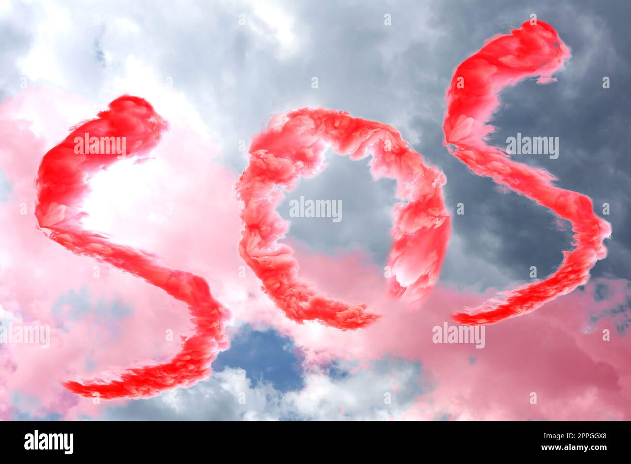 Word SOS made of red smoke in cloudy sky Stock Photo - Alamy