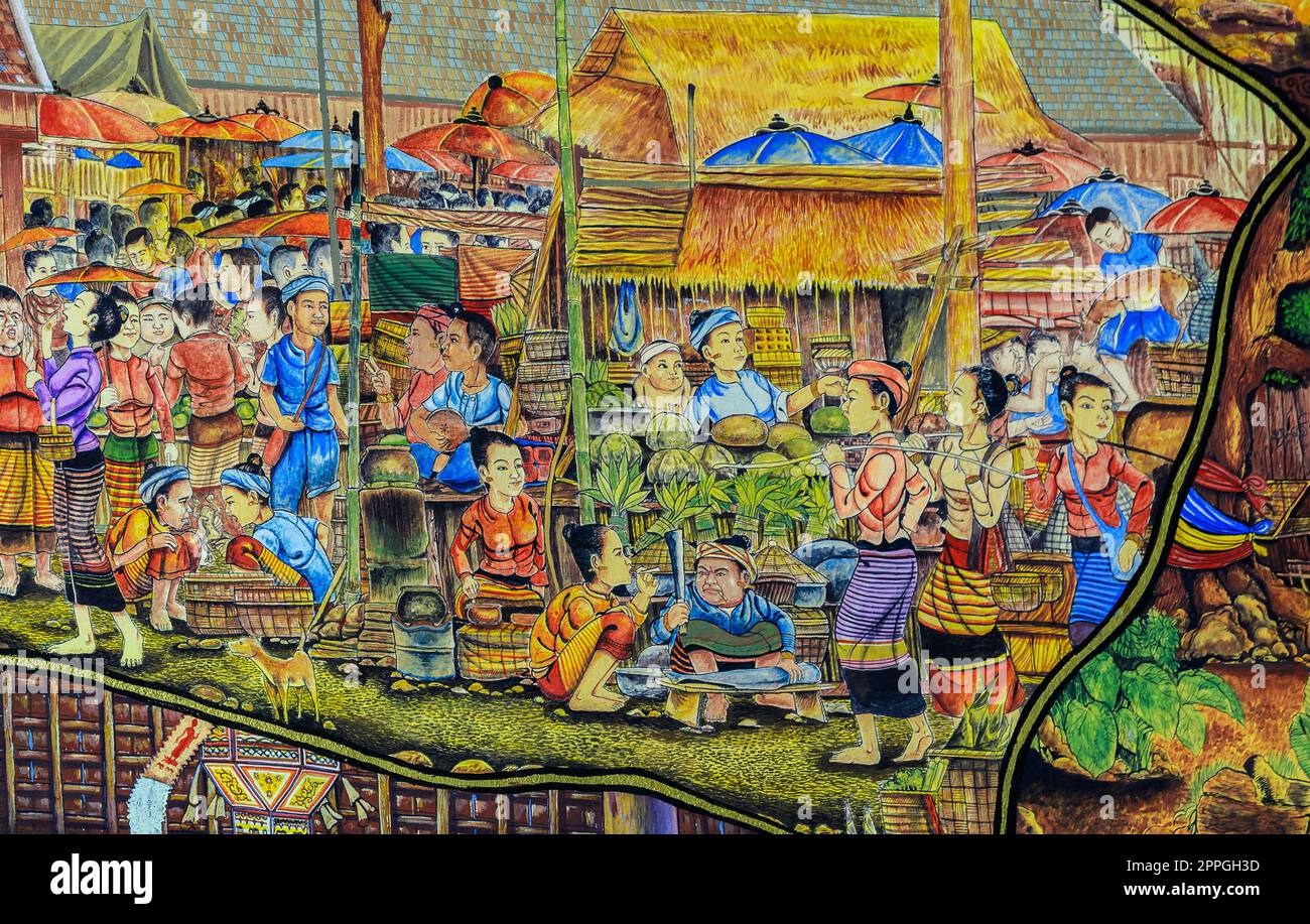 Thai Lanna mural painting of Thai people life in the past on temple ...