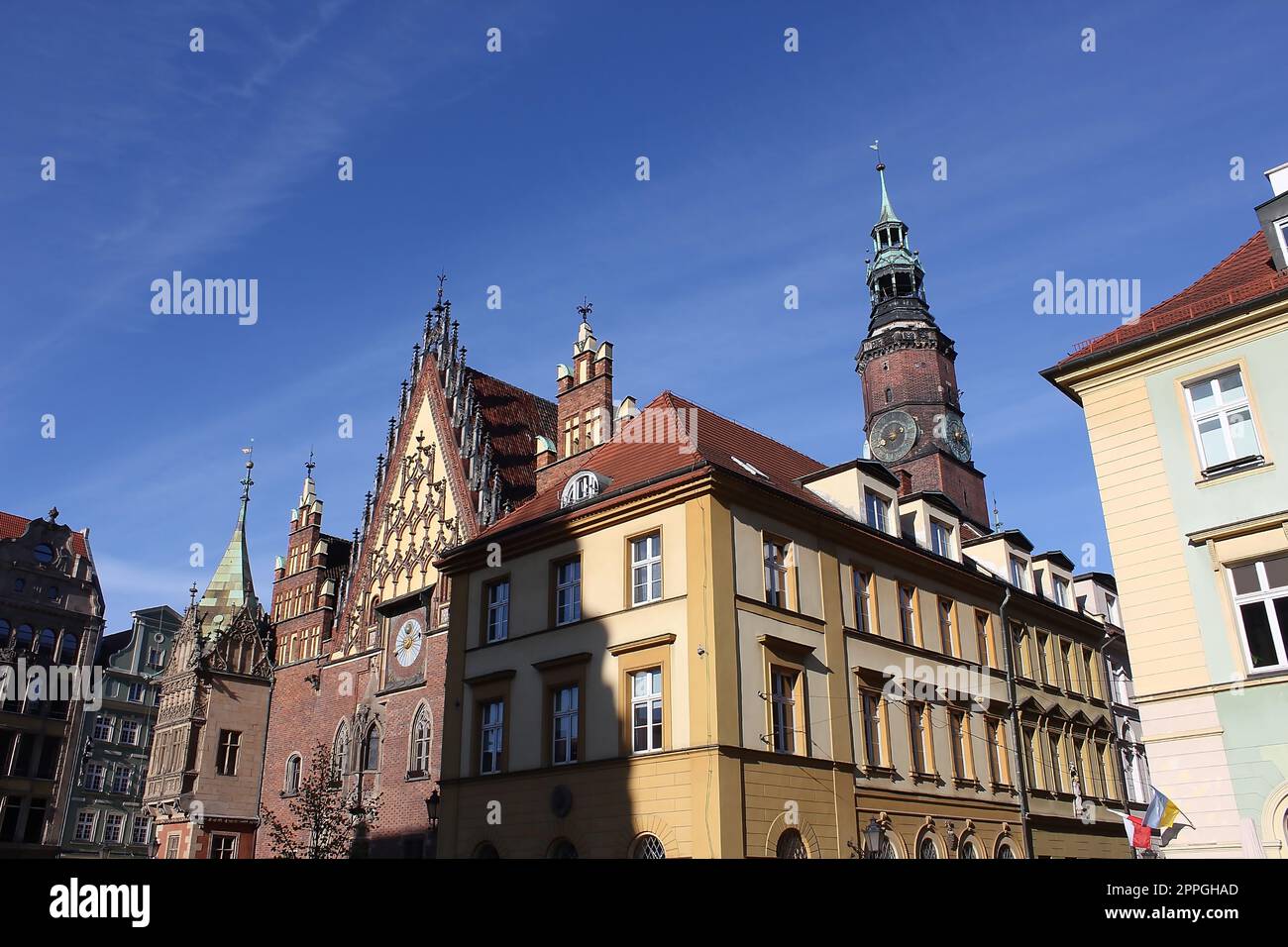 old town hall building with a clock in the center on Wroclaw Square Poland Stock Photo - Alamy