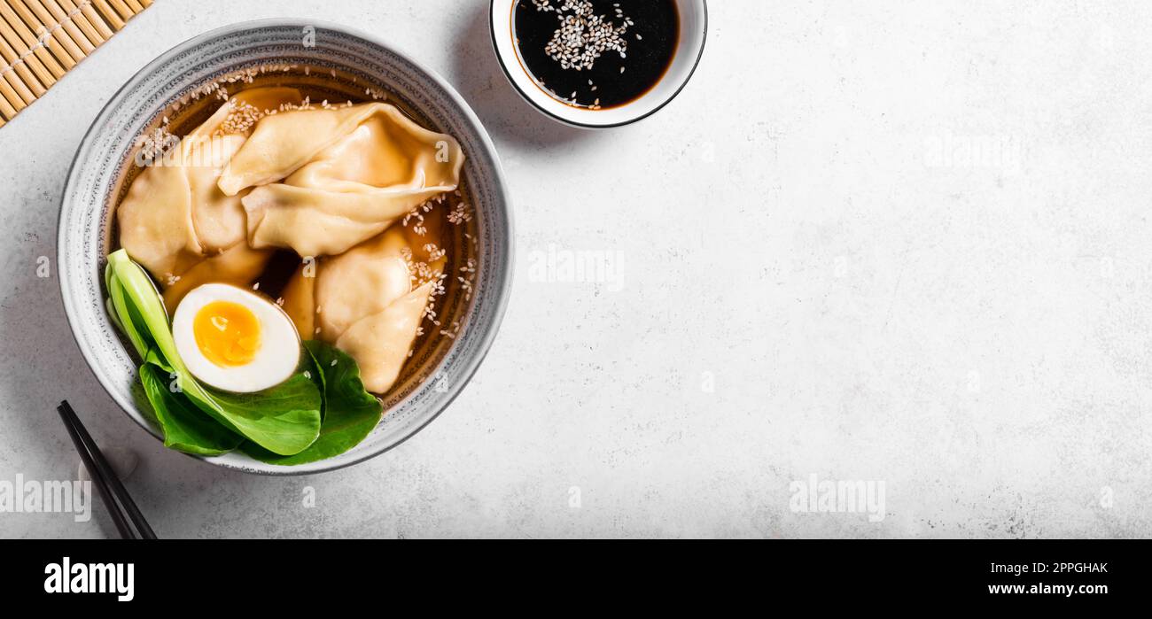 Homemade Chinese Wonton Soup with Bok Choy on concrete background ...