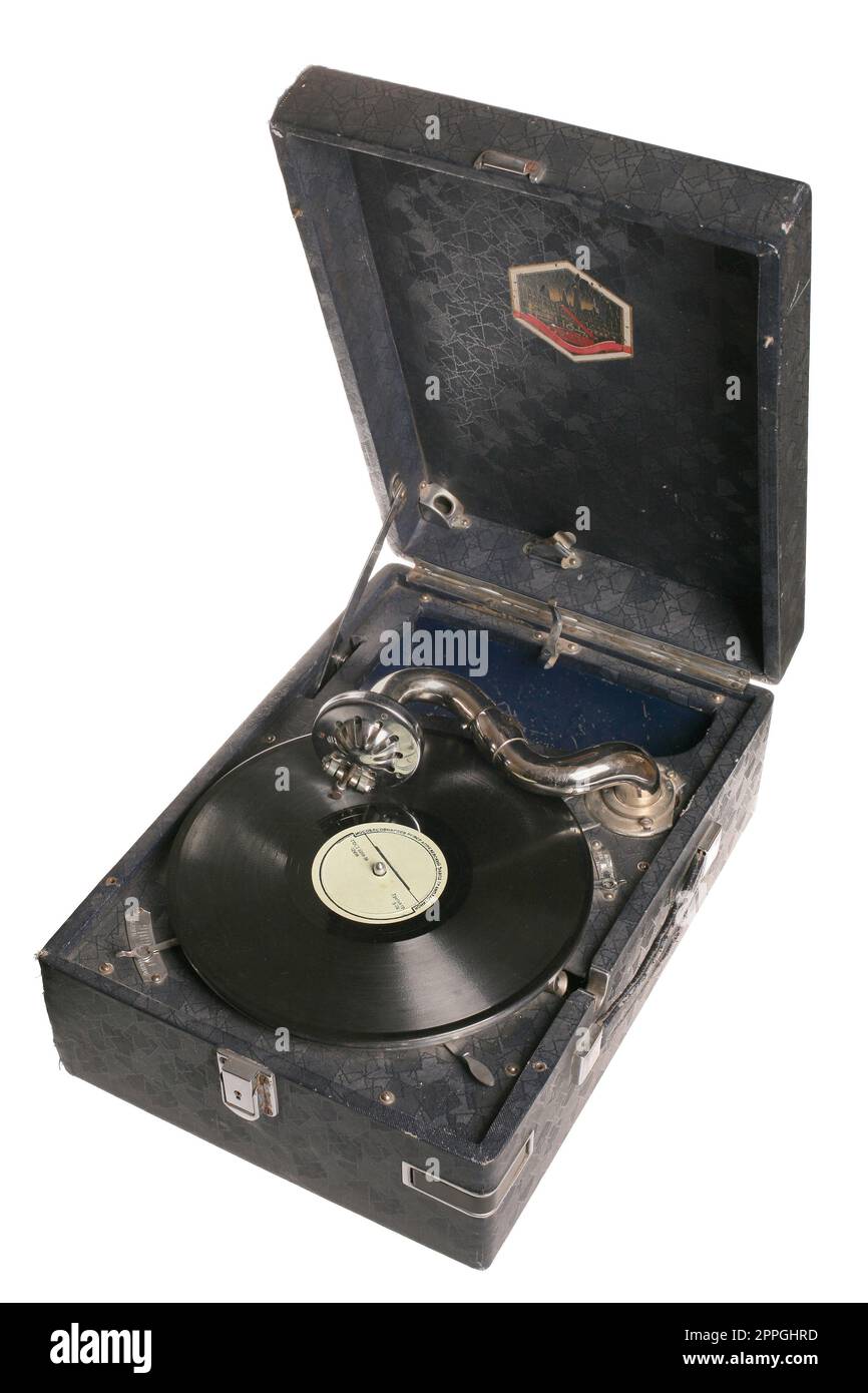 Vintage vinyl record player on a white background Stock Photo - Alamy