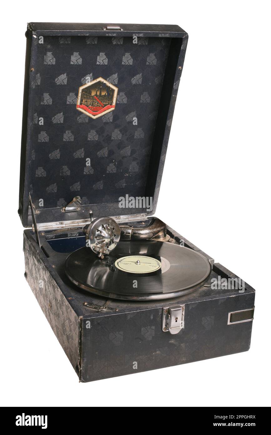 Vintage vinyl record player on a white background Stock Photo - Alamy