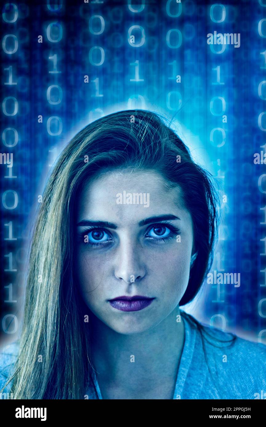 young woman face and binary background Stock Photo - Alamy