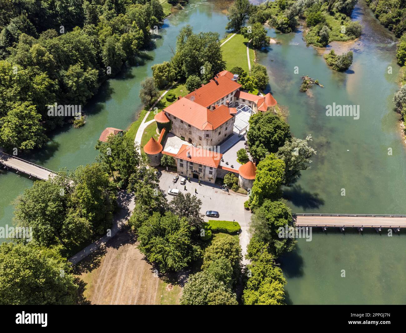 Romantic Otocec Castle on Krka River in Slovenia. Drone View Stock Photo - Alamy