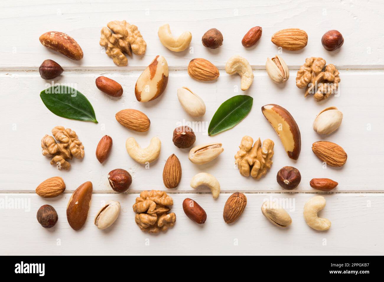 Composition of nuts , flat lay - mix hazelnuts, cashews, almonds on ...