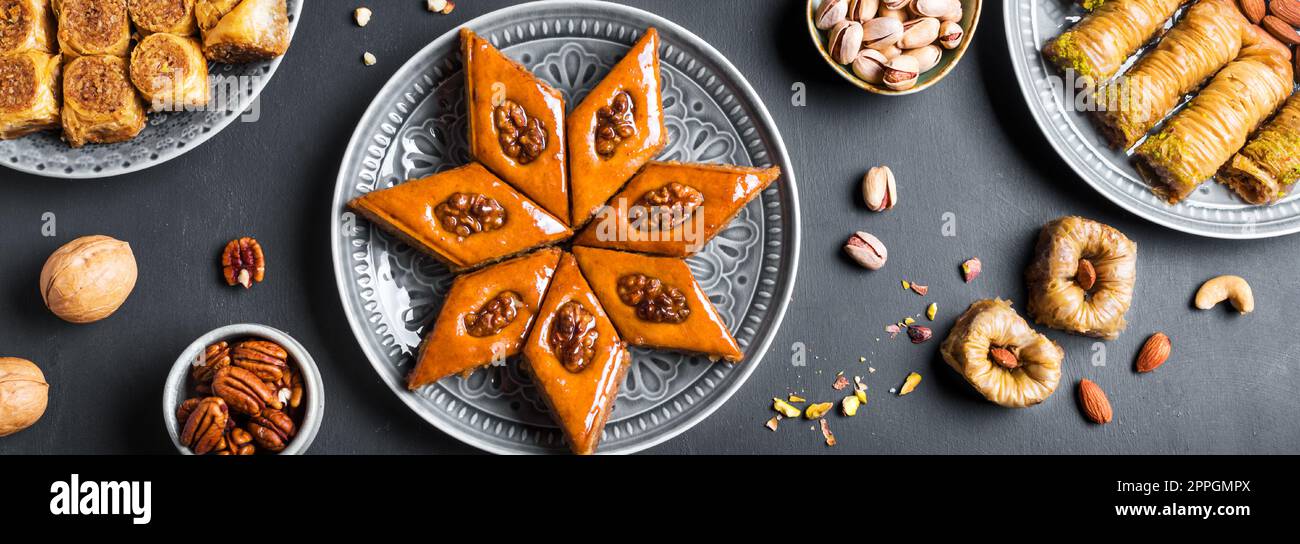Arabian Baklava with nuts and honey, banner. Ramadan dessert - fresh ...
