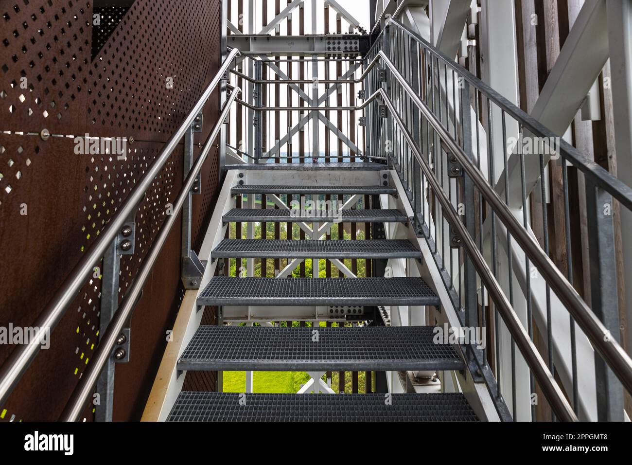Steel construction with iron staircase and stainless steel handrail ...