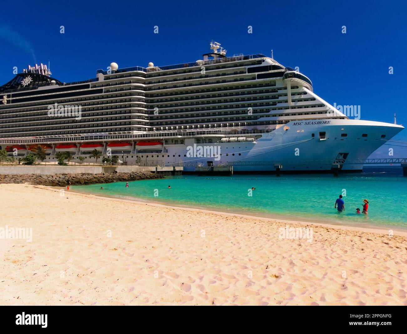 MSC Seashore cruise ship docked at tropical island Ocean Cay, Bahamas ...