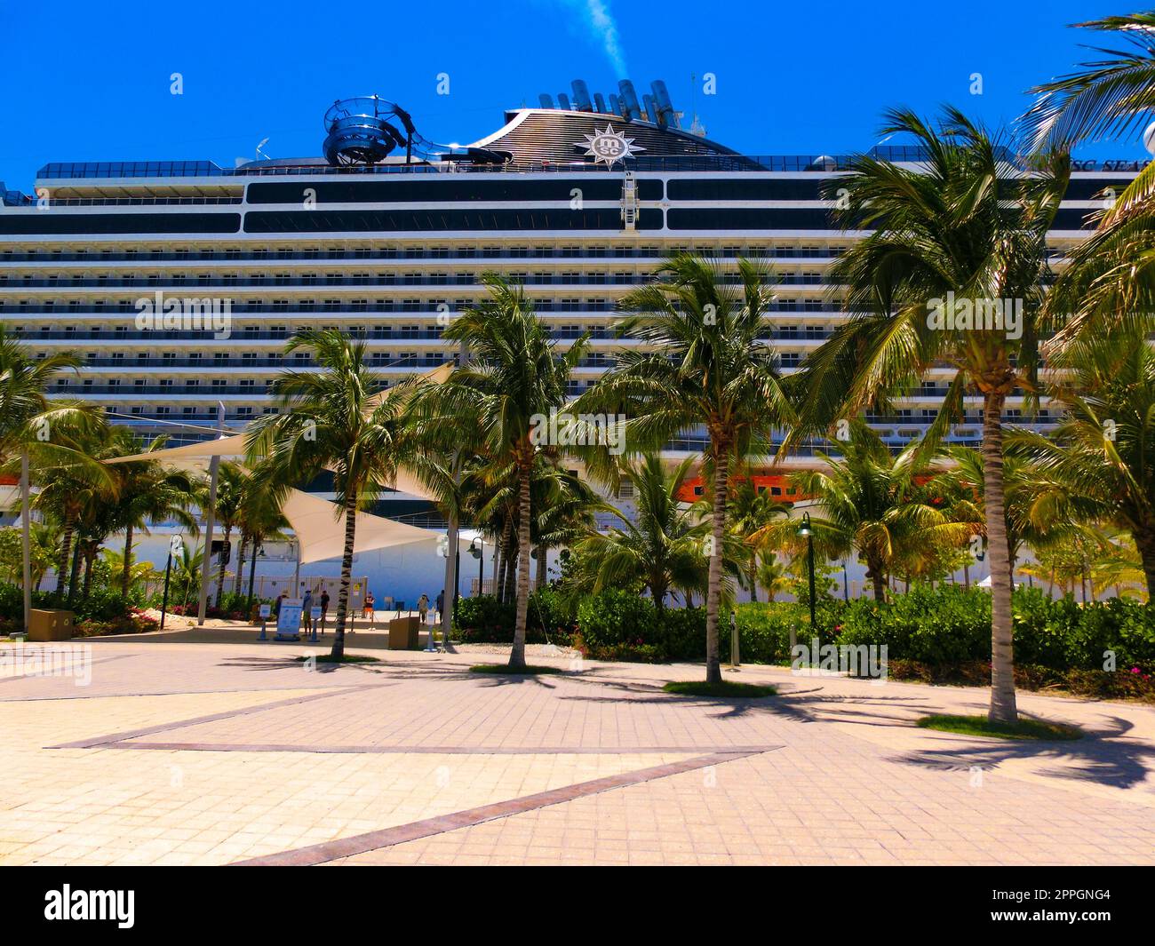 MSC Seashore cruise ship docked at tropical island Ocean Cay, Bahamas ...