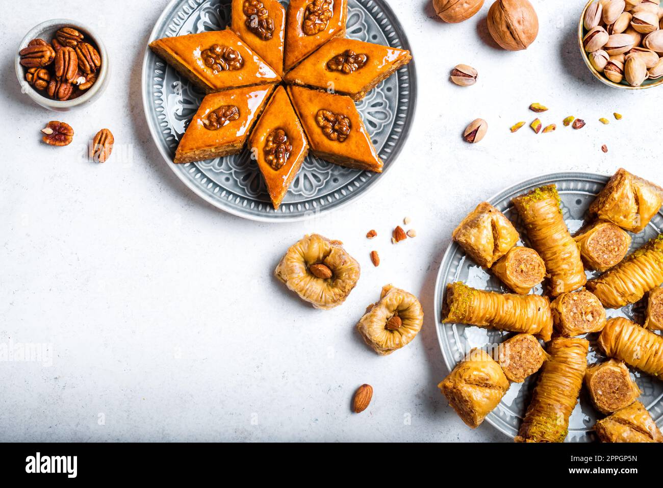 Arabic Baklava with nuts and honey on white background, copy space, top ...