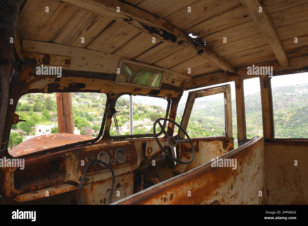 Old 1970’s school bus, Episkopi village, near Paphos, Republic of ...