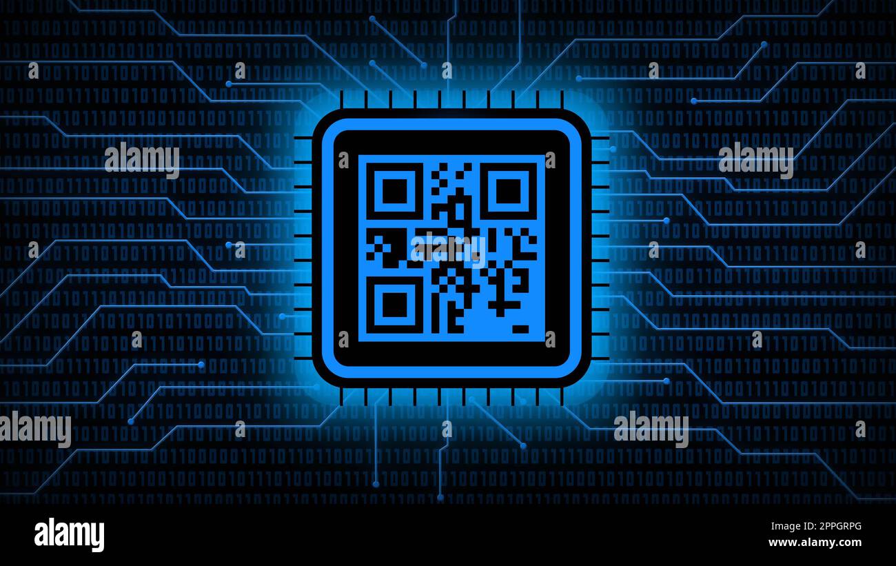 Image Of Qr Code In The Middle On Abstract Background Of Blurred Binary Code Behind Information
