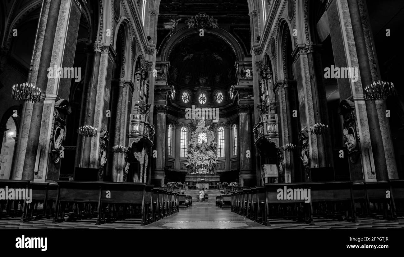 A black and white picture of the main nave of the Naples Cathedral ...