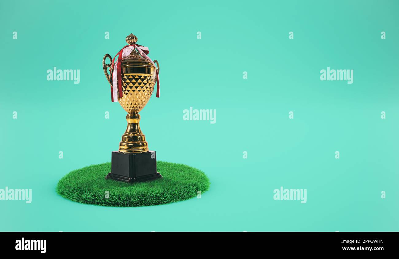 Trophy on a grassy plate with cyan background Stock Photo - Alamy