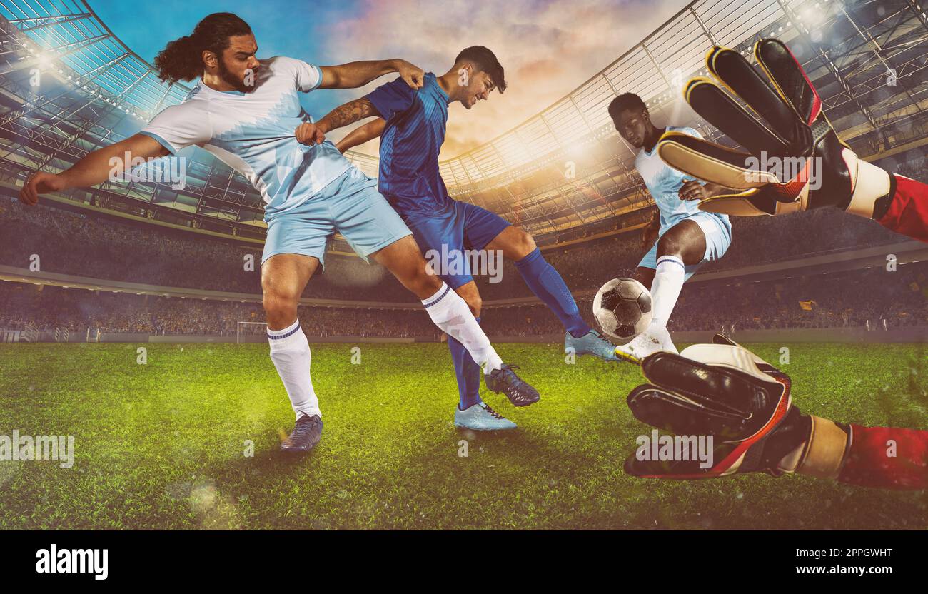 Football action with the attacker contrasted by the defenders trying to ...