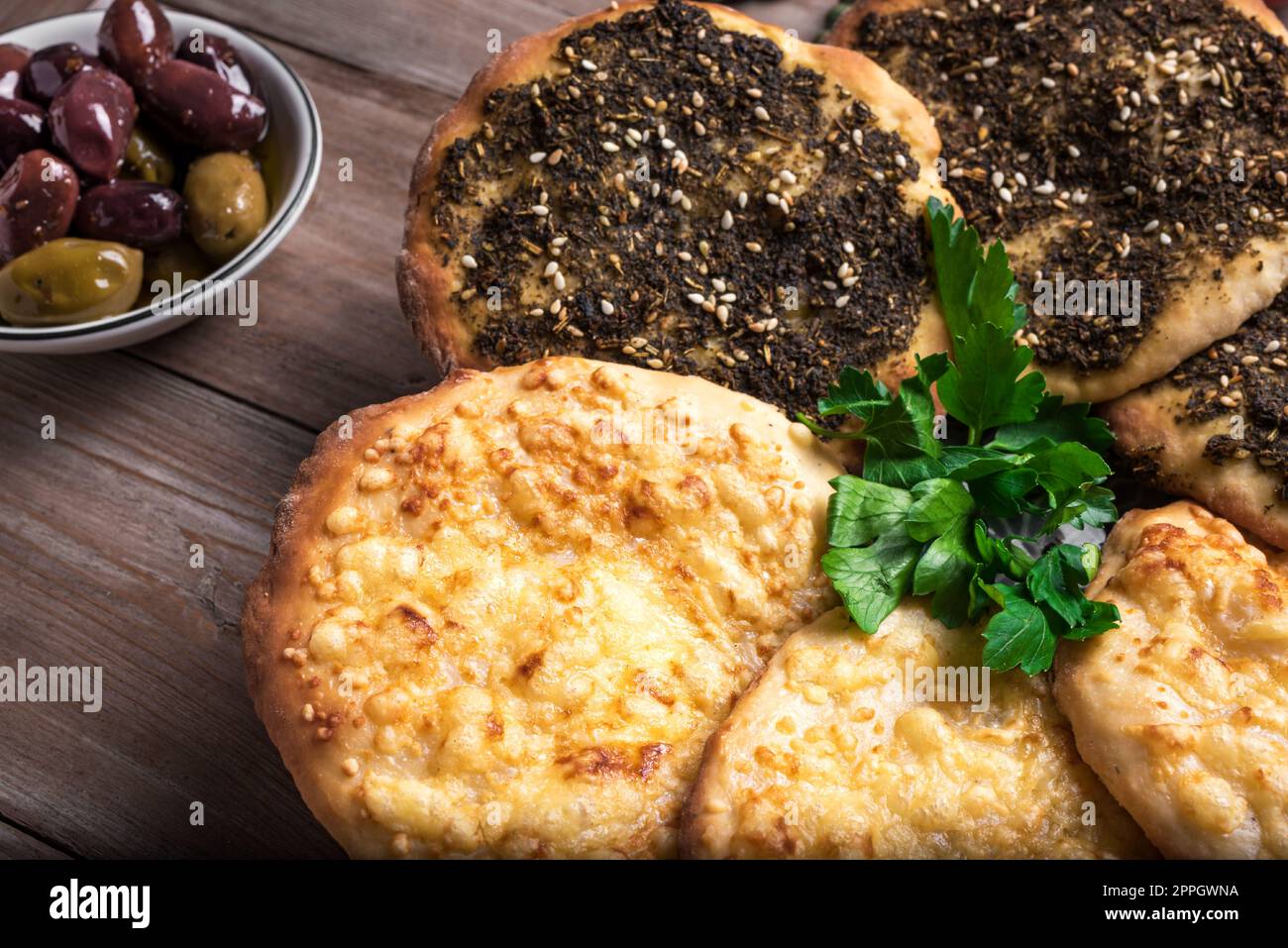 Manakeesh, arabic pizza, flat bread topped with zaatar spices and ...