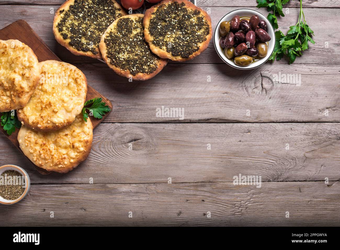 Manakeesh, arabic pizza, flat bread topped with zaatar spices and ...