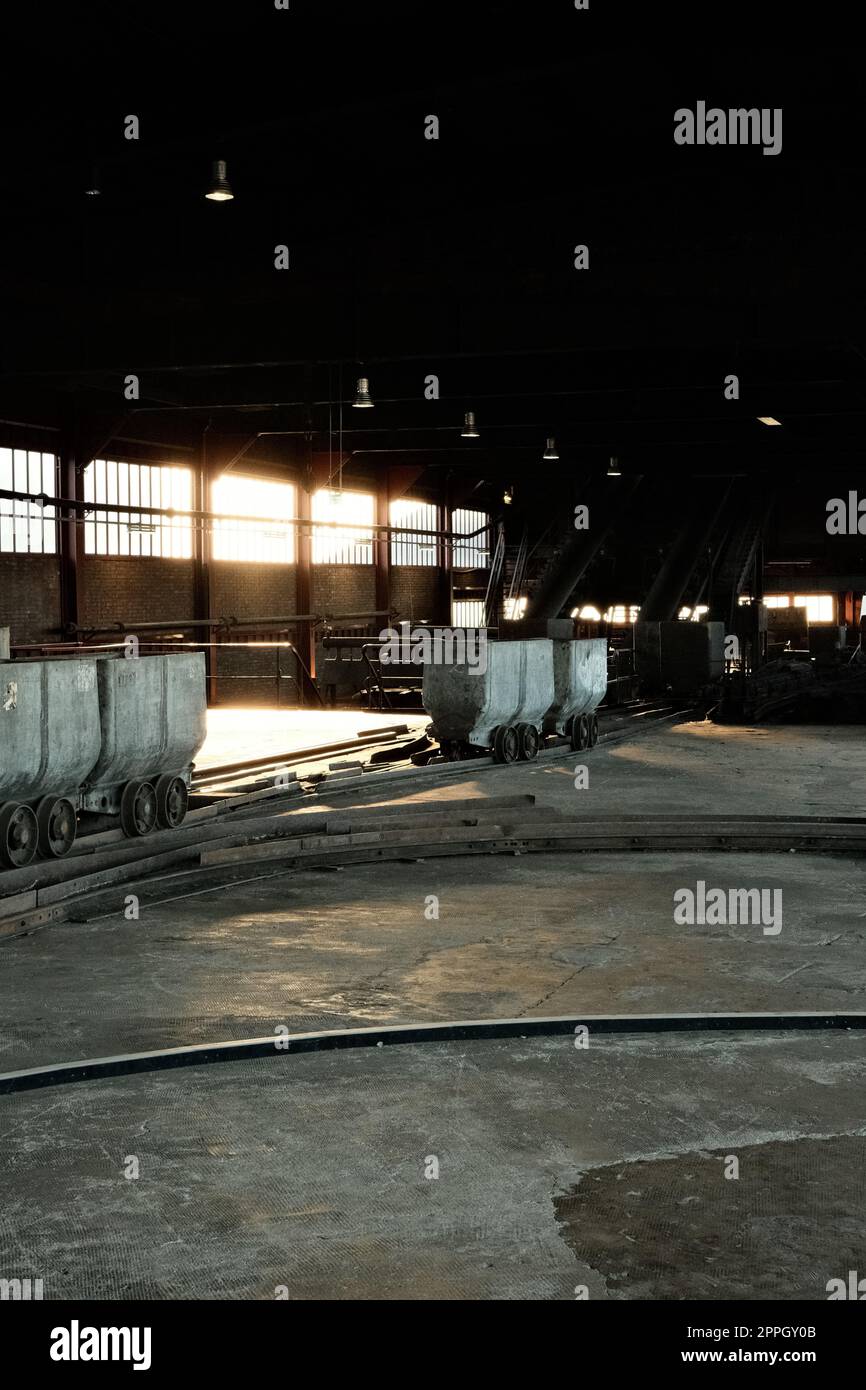 Coal lorries in a big hall in a mine in the Ruhr area, Germany Stock ...