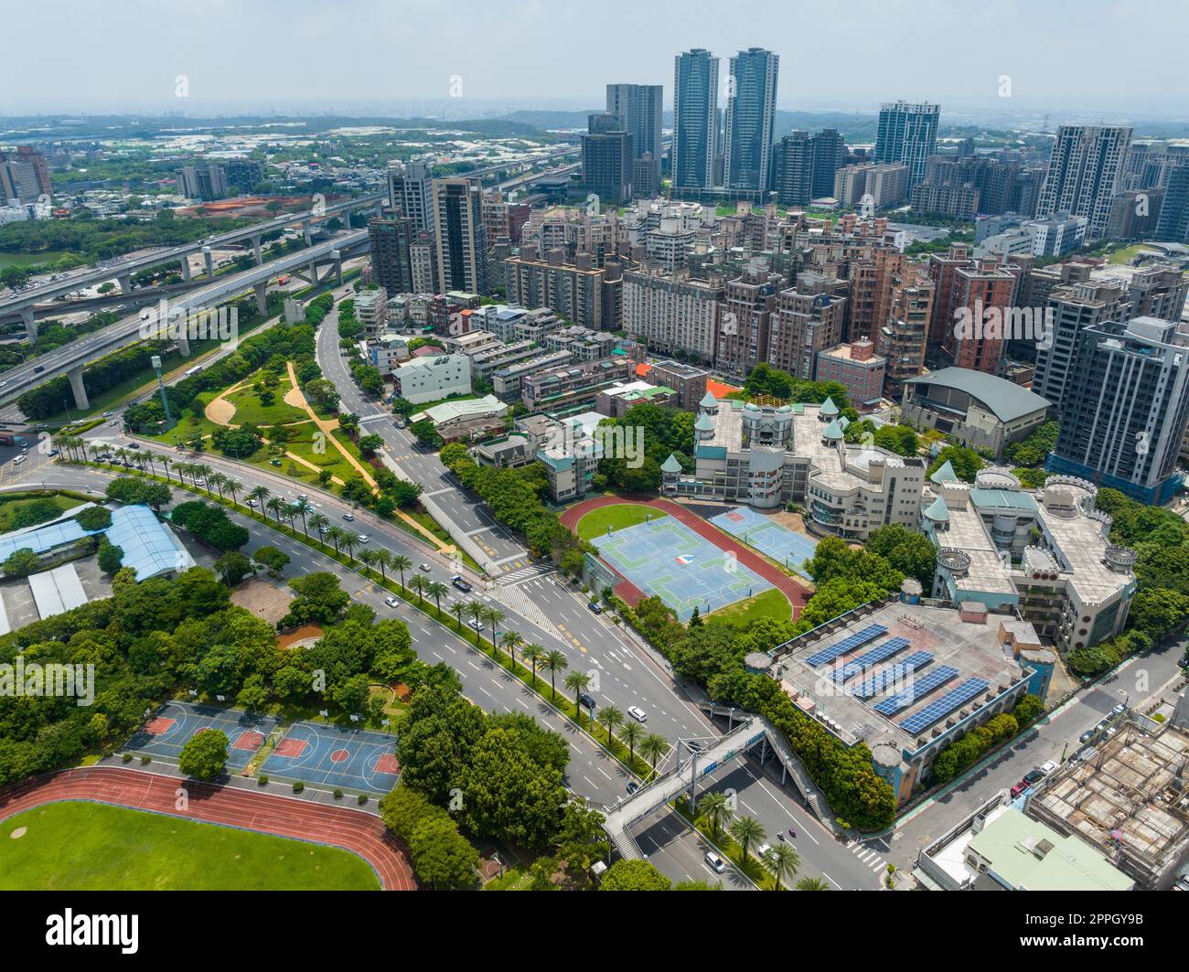 New Taipei, Taiwan, 11 July 2022: Top view of the city in Linkou ...