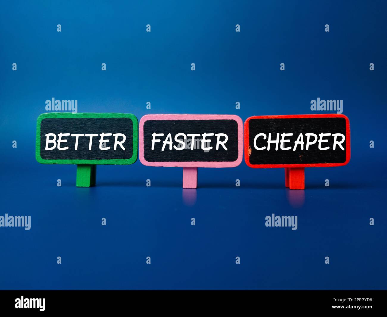 Colored wooden board with the word BETTER FASTER CHEAPER on blue ...