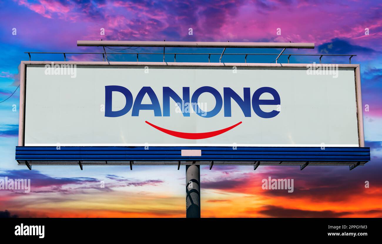 Advertisement billboard displaying logo of Danone Stock Photo - Alamy