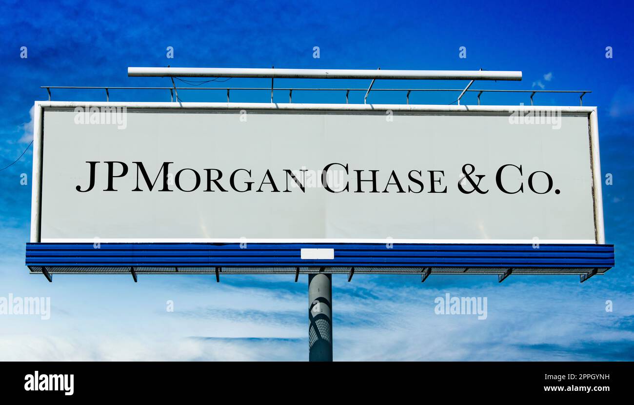 Advertisement billboard displaying logo of JPMorgan Chase & Co Stock ...