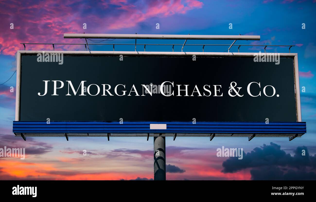 Advertisement billboard displaying logo of JPMorgan Chase & Co Stock ...