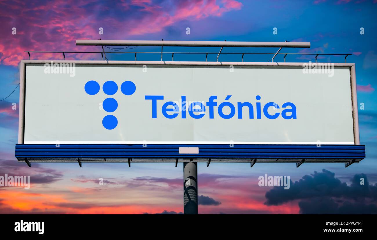 Advertisement billboard displaying logo of Telefonica Stock Photo - Alamy