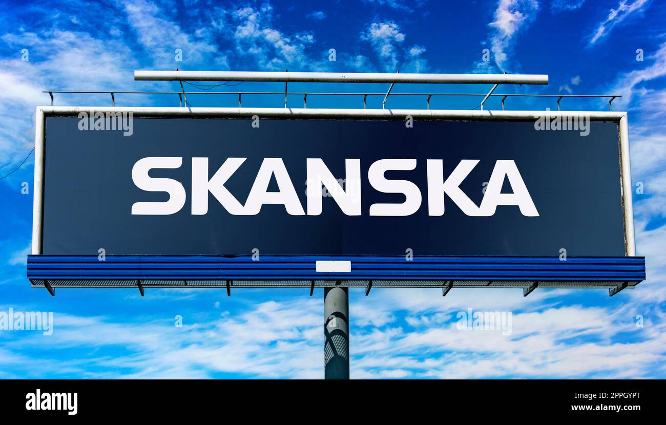 Advertisement billboard displaying logo of Skanska Stock Photo - Alamy