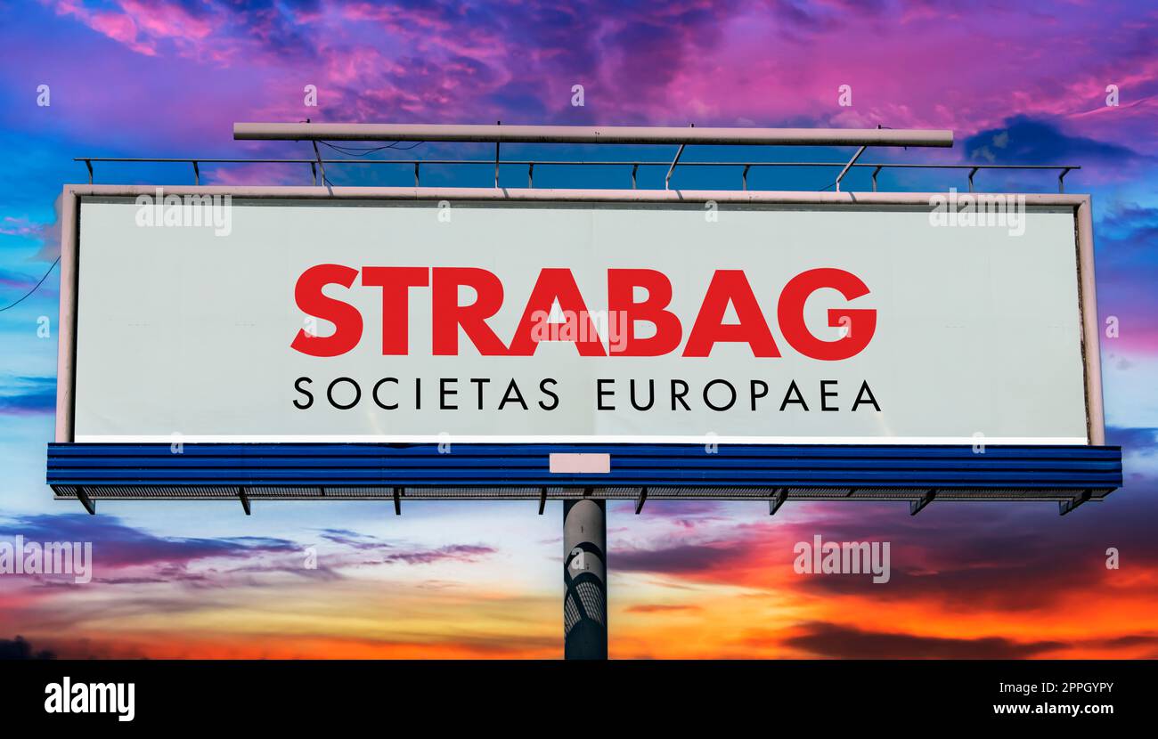 Advertisement billboard displaying logo of STRABAG Stock Photo - Alamy