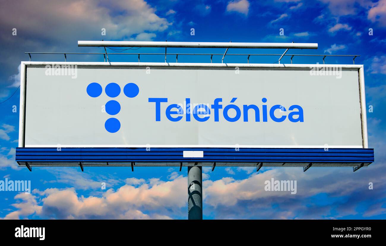 Advertisement billboard displaying logo of Telefonica Stock Photo - Alamy