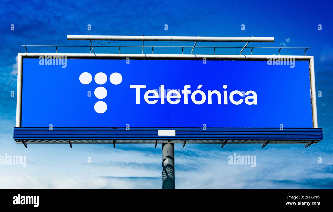 Advertisement billboard displaying logo of Telefonica Stock Photo - Alamy