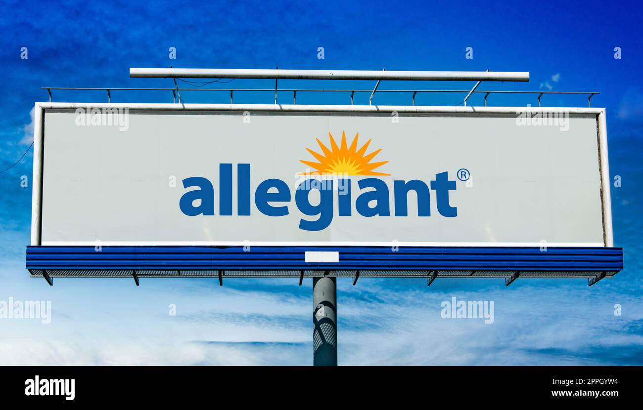 Advertisement billboard displaying logo of Allegiant Air Stock Photo ...