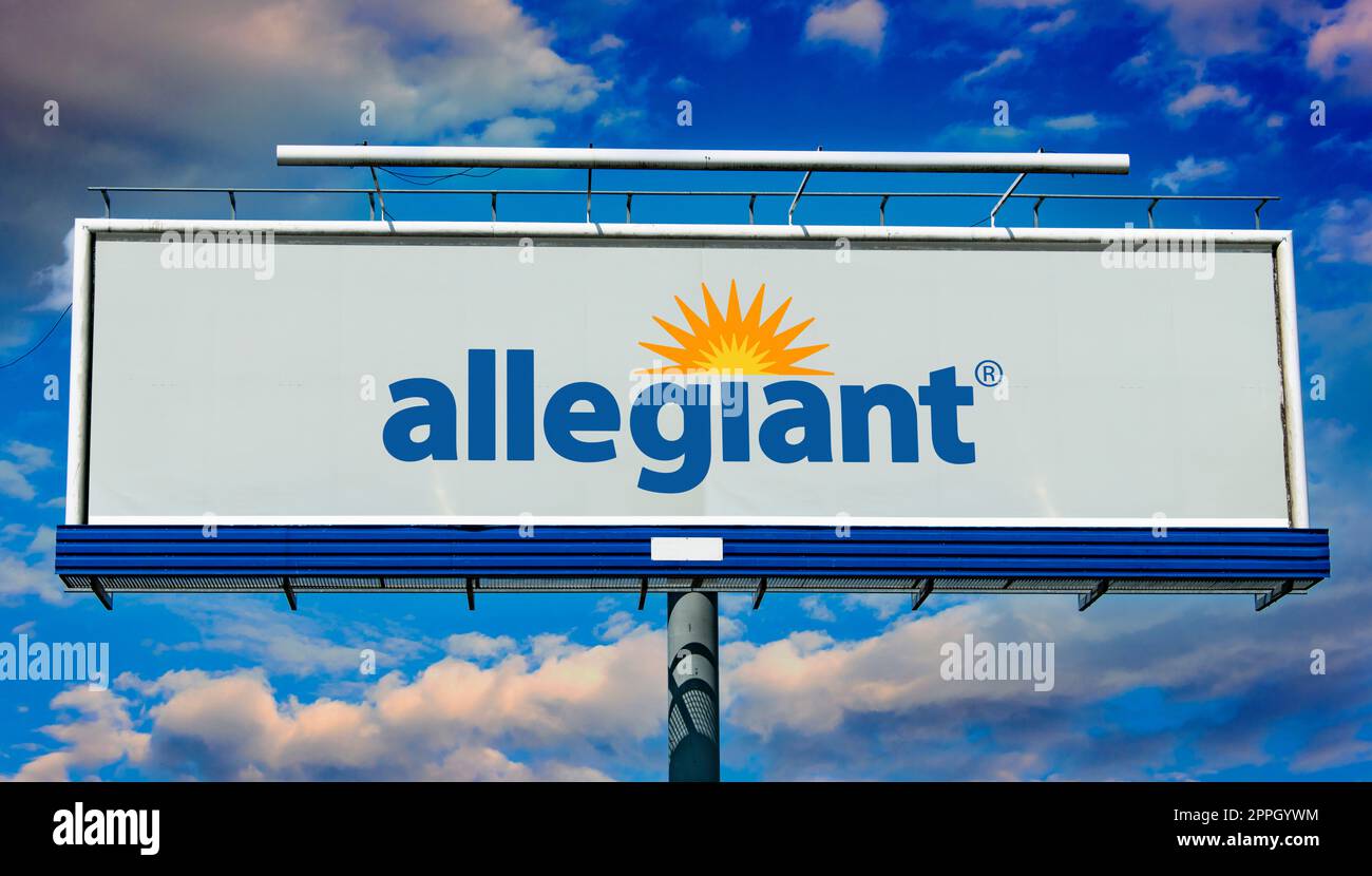 Advertisement billboard displaying logo of Allegiant Air Stock Photo ...