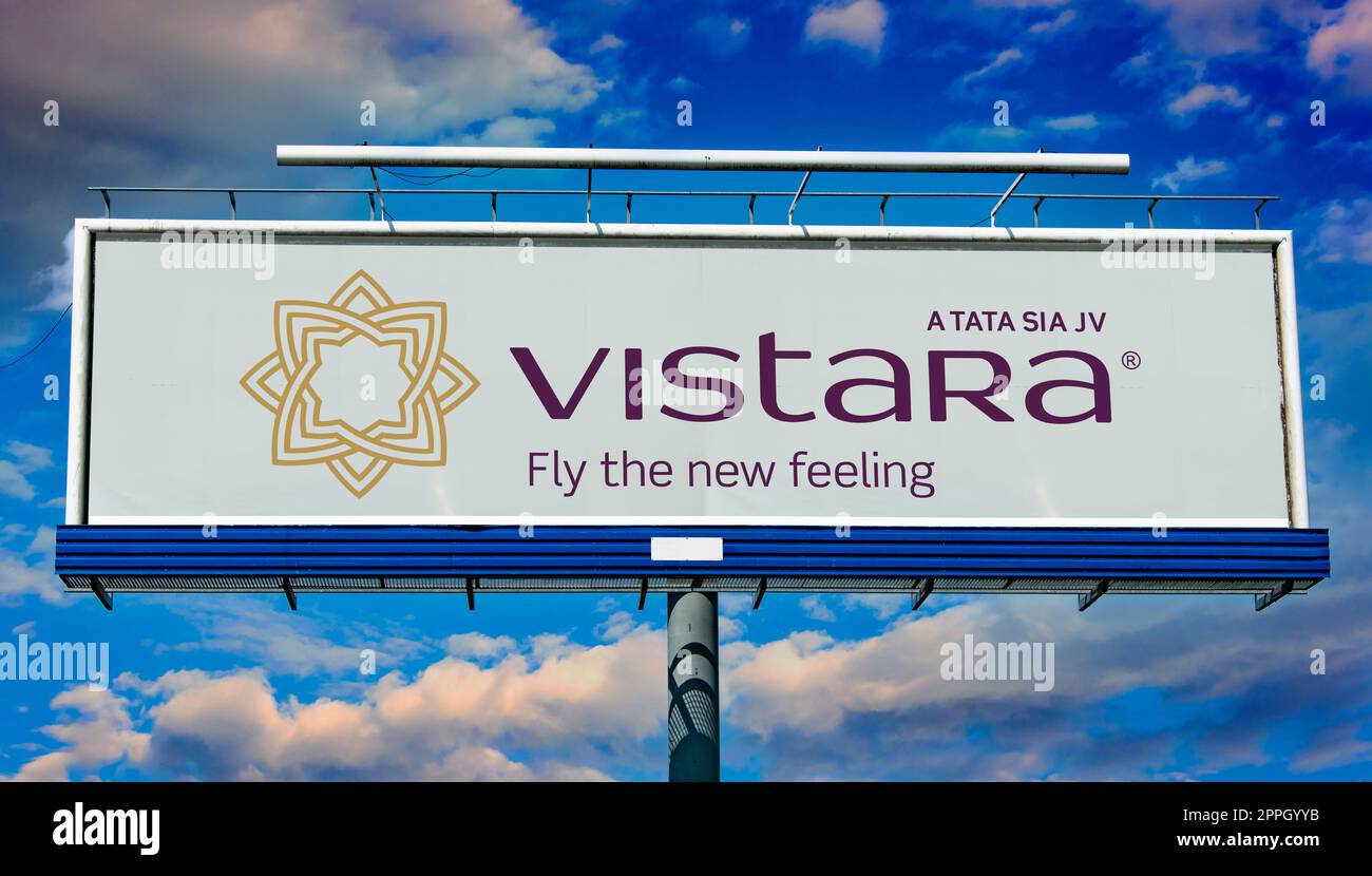 Advertisement billboard displaying logo of Vistara Stock Photo - Alamy