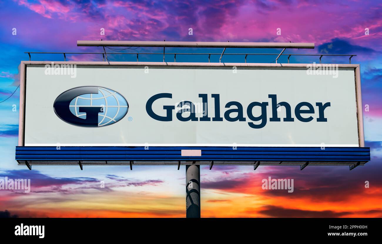 Advertisement billboard displaying logo of Arthur J. Gallagher Stock Photo - Alamy