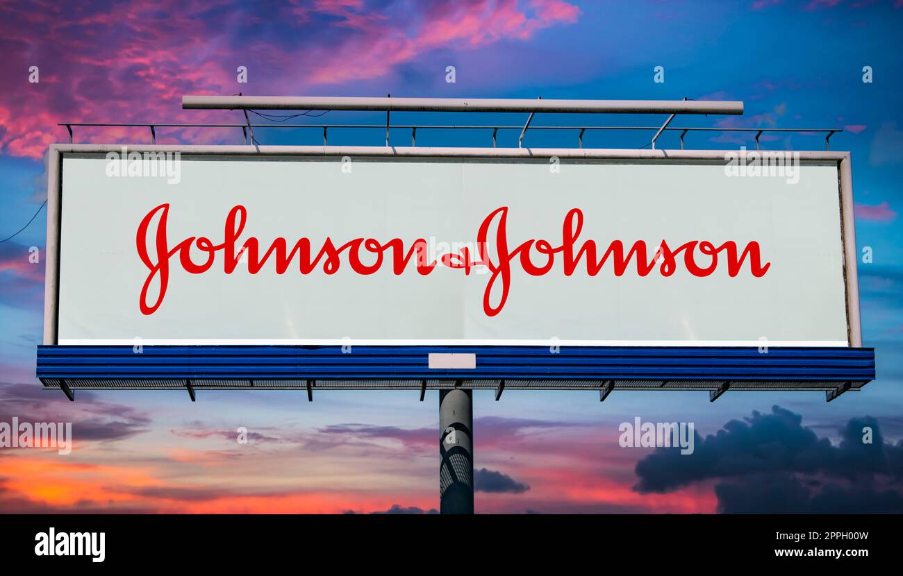 Advertisement billboard displaying logo of Johnson and Johnson Stock ...